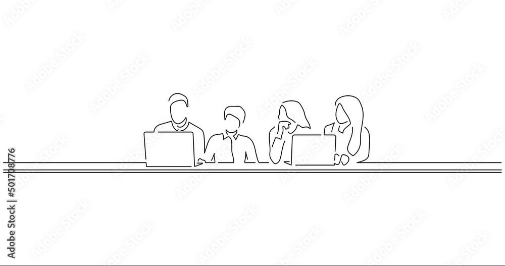 Teamwork using technology in line art animation. Footage of a group of ...