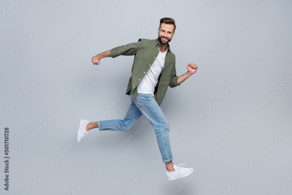 Full length body size view of attractive cheerful successful guy ...