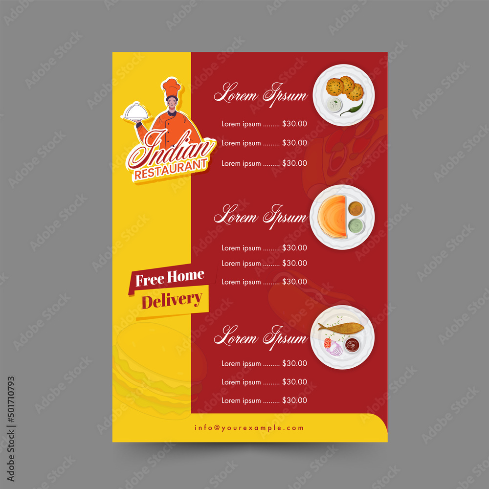 Indian Restaurant Menu Card Template With Free Home Delivery In Yellow ...