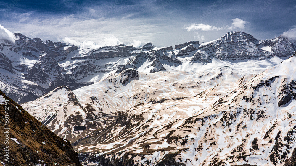 Sahara sand falls make red spots on the Pyrenees snow Stock Photo ...