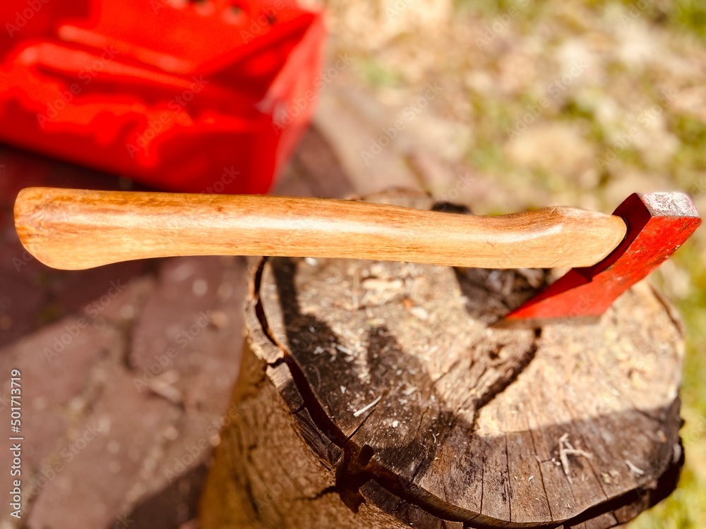 Axt steckt in Holzstamm und wartet auf den Einsatz zum Holz hacken ...