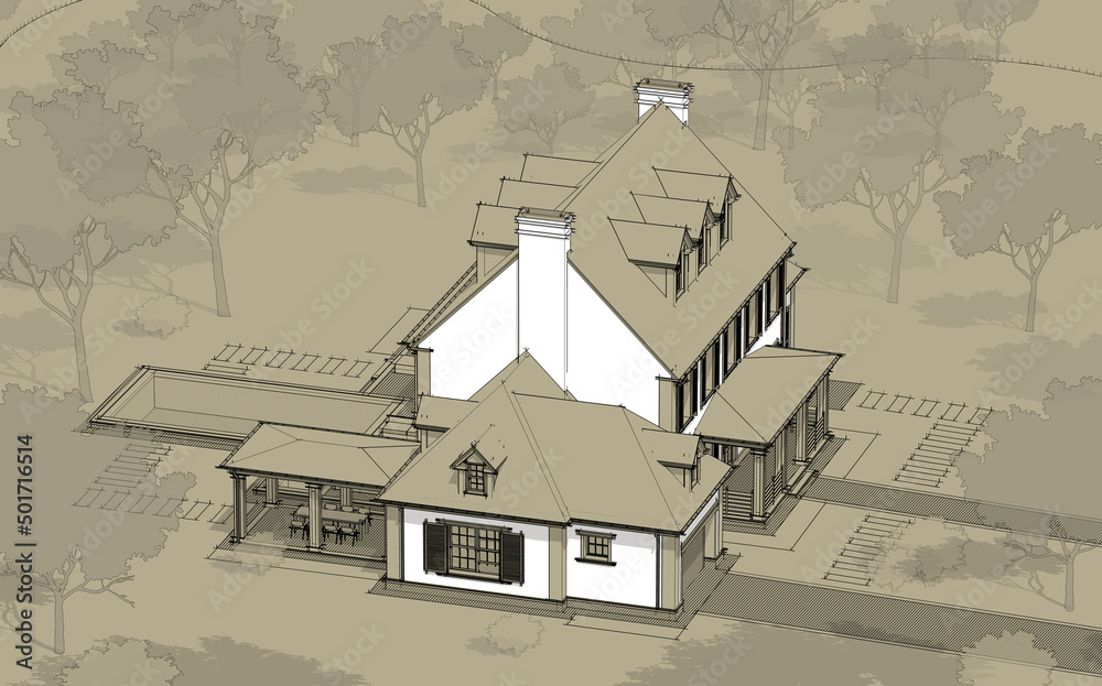 3d rendering of modern cozy classic house in colonial style with garage ...