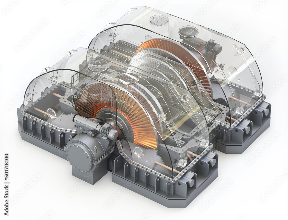 Steam turbine in a transparent case on a white background. The internal ...