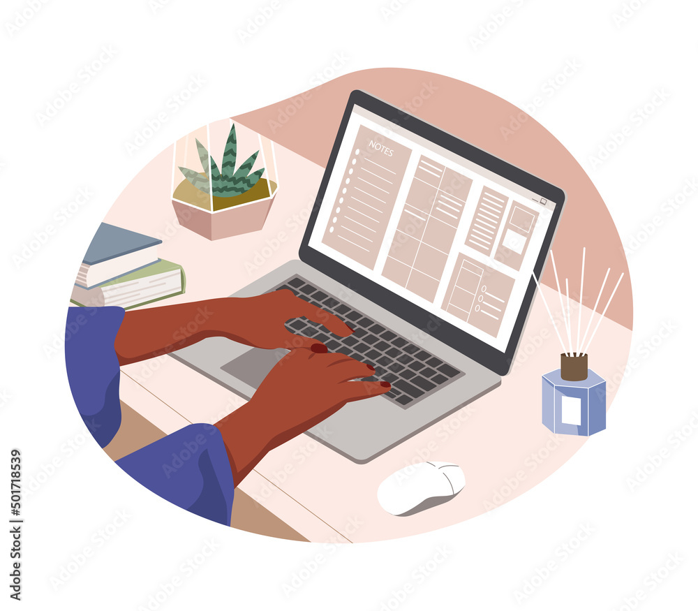 Woman work with laptop computer at desk. Female person making schedule ...