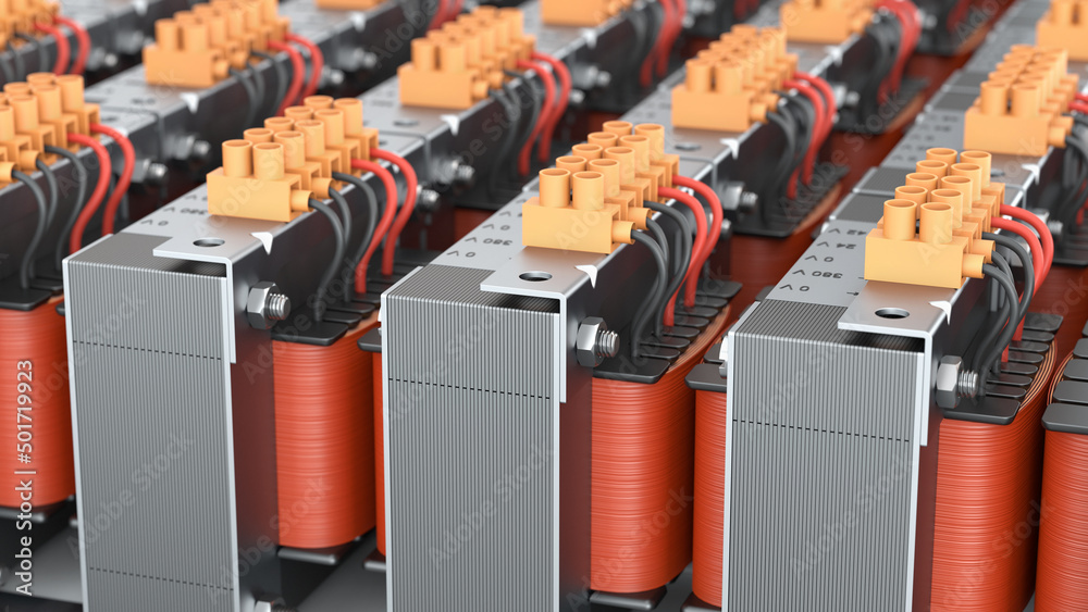 Voltage transformers. Wire terminals. Shallow depth of field. Technical ...
