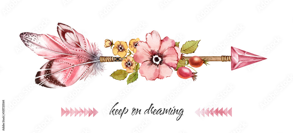 Watercolor poster with arrow and flowers. Banner with tribal boho ...