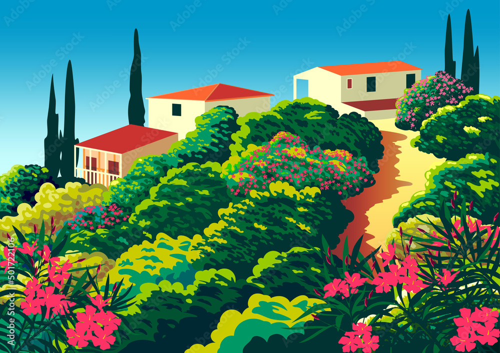 Mediterranean romantic landscape. Handmade drawing vector illustration ...