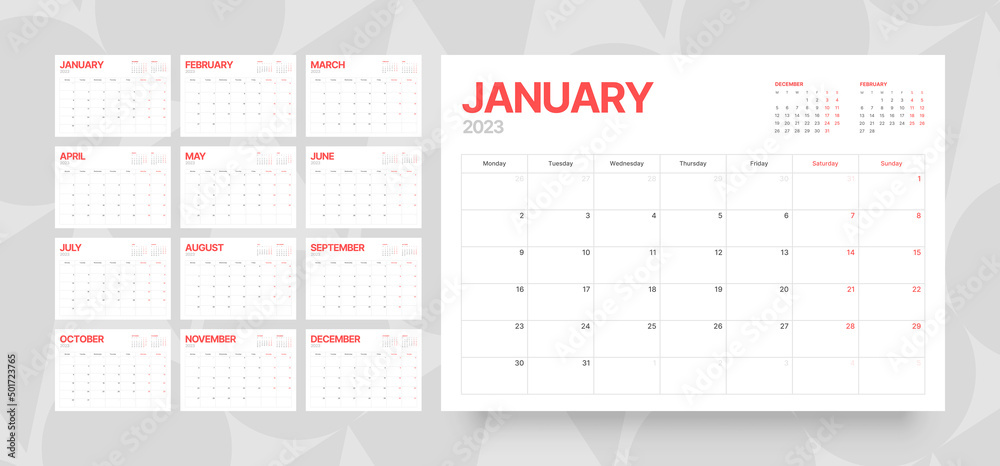 Monthly calendar template for 2023 year. Week Starts on Monday. Desk ...