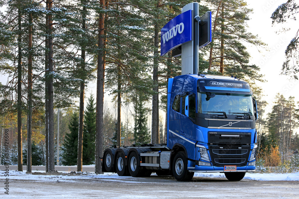 Blue Volvo FH Heavy Truck Parked Under Volvo Signage on a Day of Winter ...