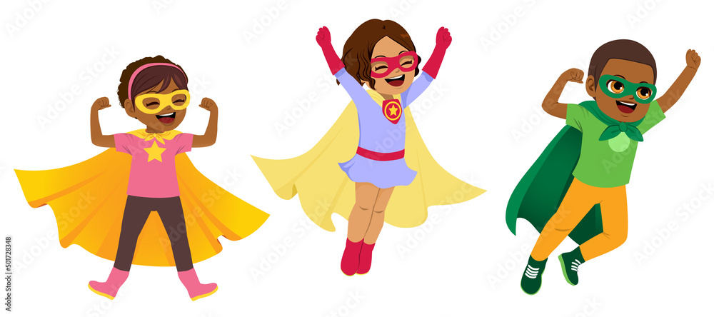 Strong cute little boy and girls dressed like super hero kids isolated ...