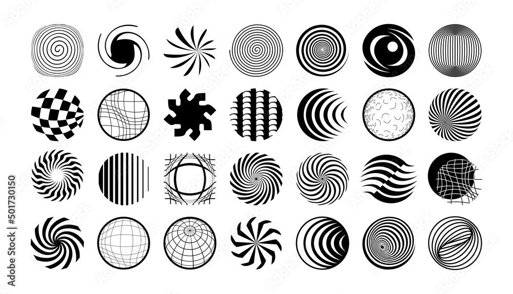 Set of spherical geometric objects. Round distorted, retracted and ...
