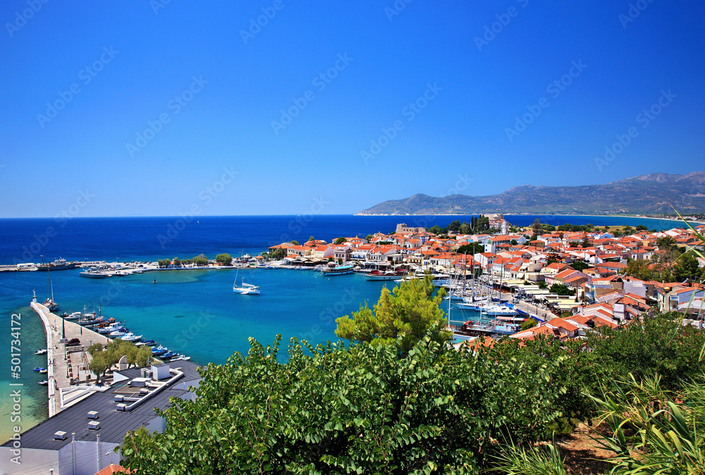 Panoramic view of Pythagoreio town (birthplace of ancient mathematician ...