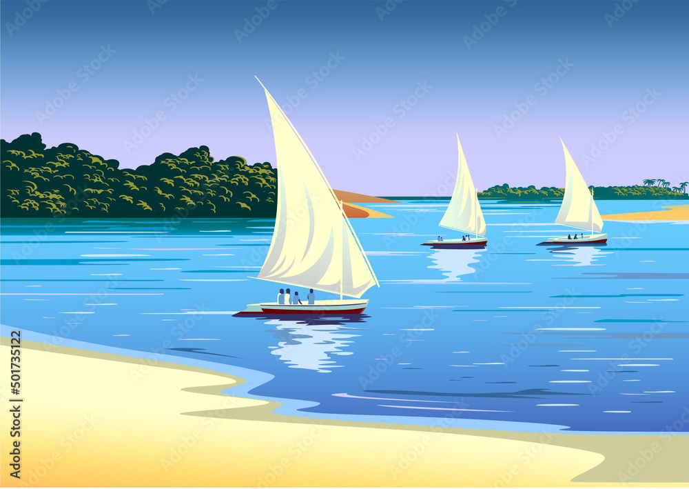 Panoramic landscape with coast, sea, sailboats and islands in the ...