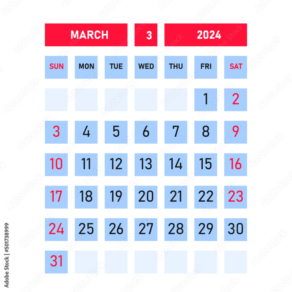 March 2024 calendar template design. Desktop calendar in simple style ...