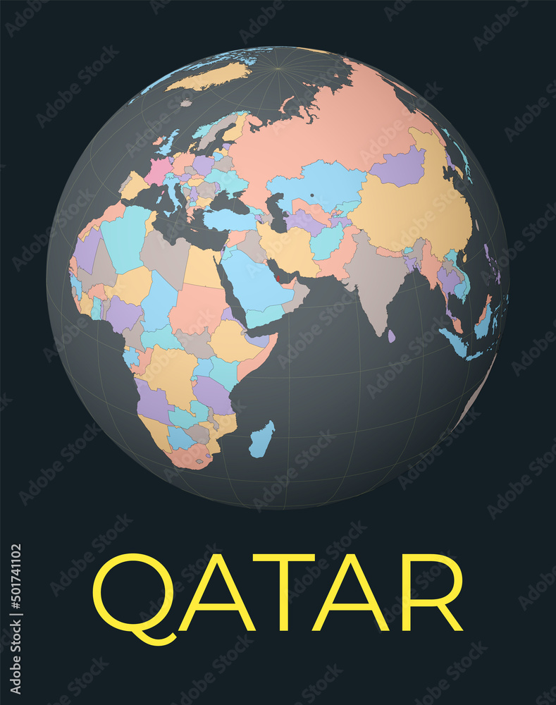 World map centered to Qatar. Red country highlighted. Satellite world ...