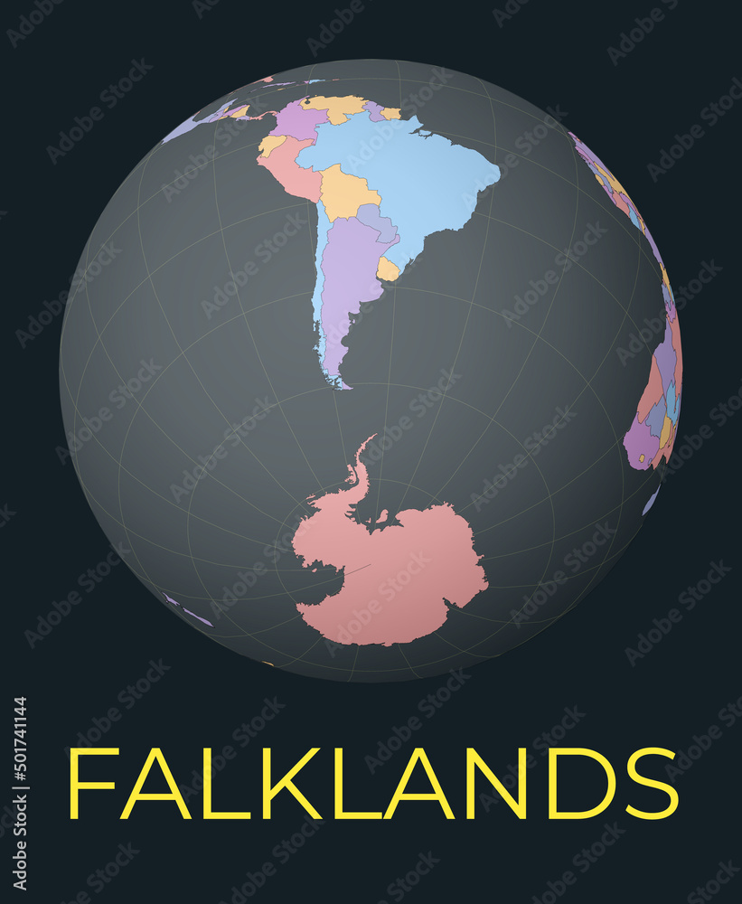 World map centered to Falklands. Red country highlighted. Satellite ...