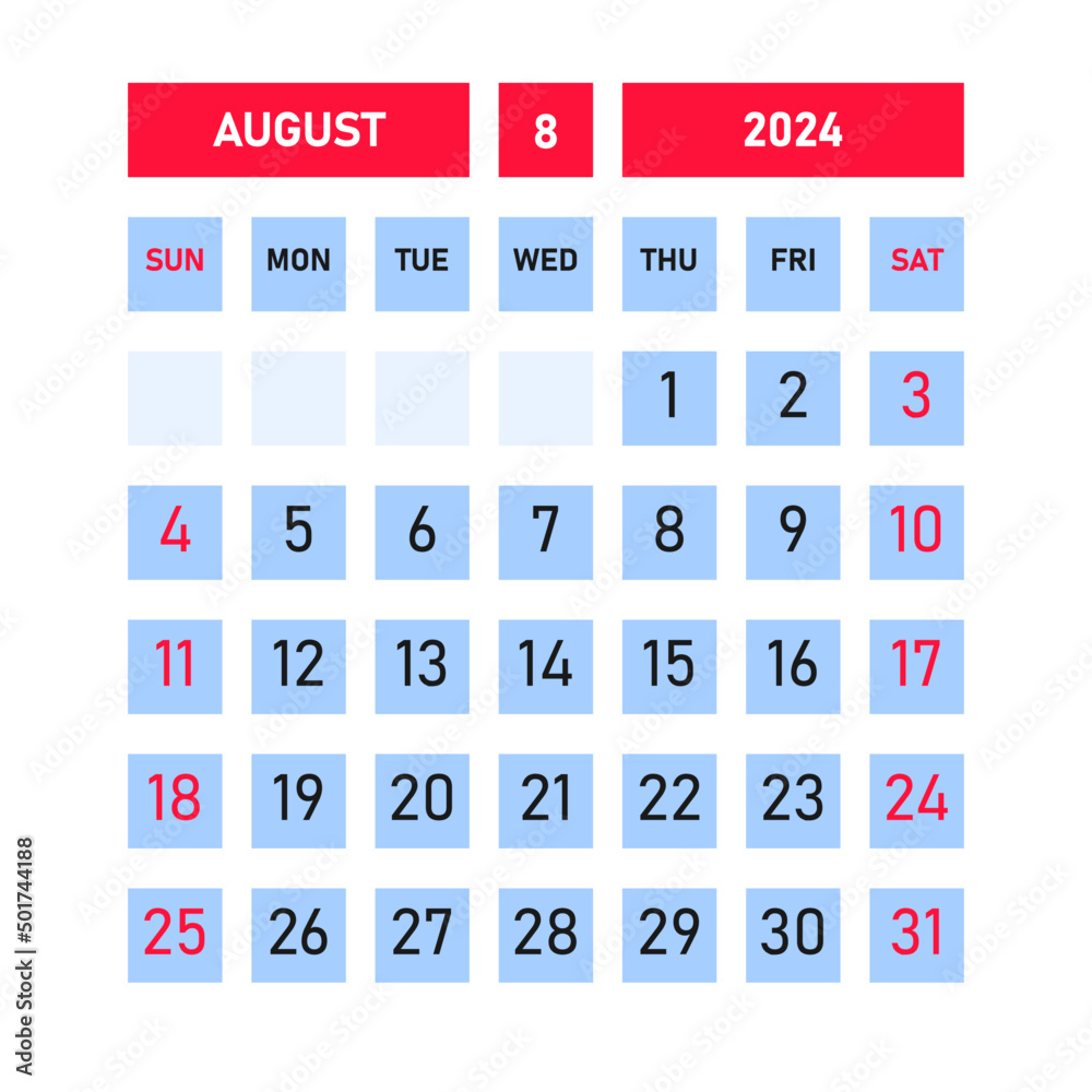 august 2024 calendar template design. Desktop calendar in simple style ...