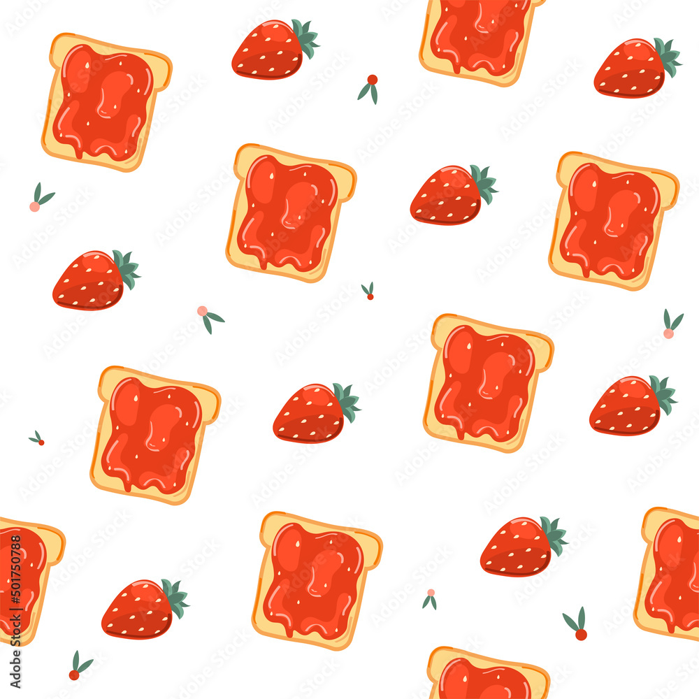Toast with strawberry jam pattern seamless. Doodle art for wallpaper, backdrop, fabric, textile ...