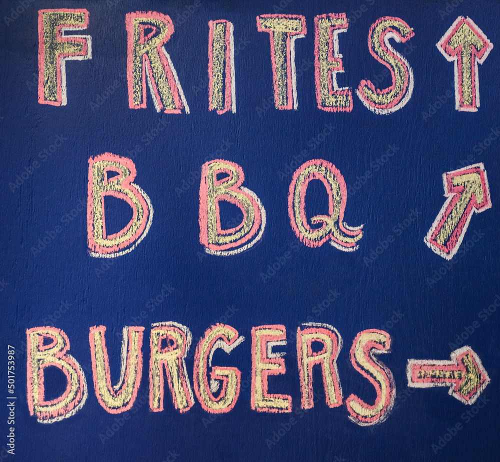 Hand written sign advertising french fries, BBQ and burgers Stock Photo ...