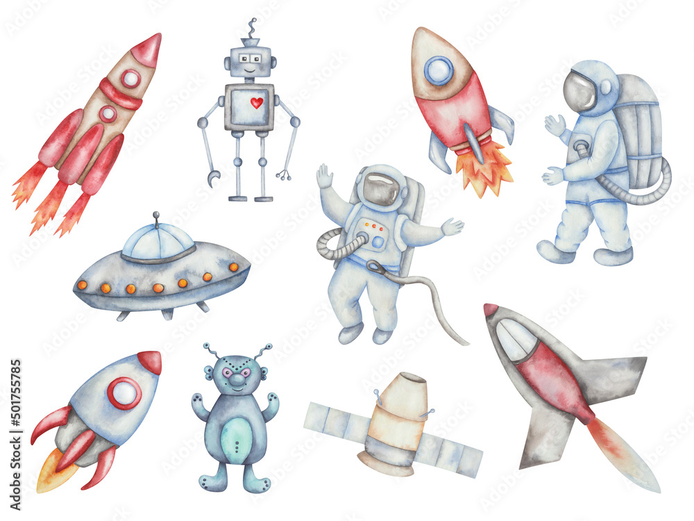 Watercolor illustration of hand painted spaceship, spacecraft ...