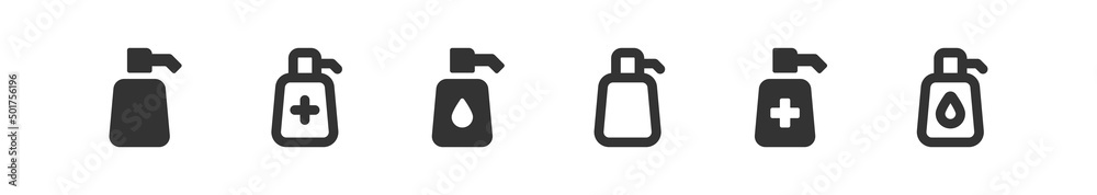 Soap bottle icon set. Gel dispenser symbol. Antibacterial, medical pump ...