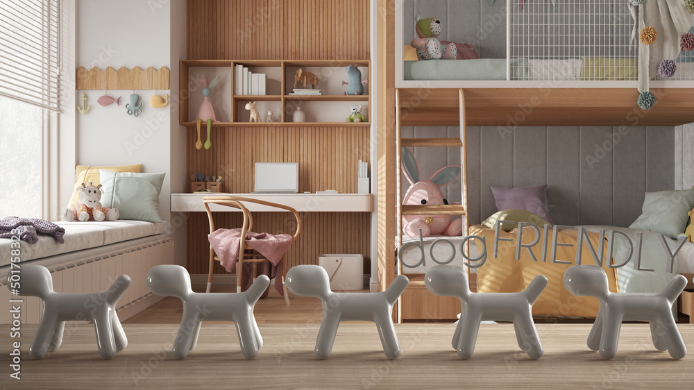 Wooden table top or shelf with line of stylized dogs, dog friendly ...