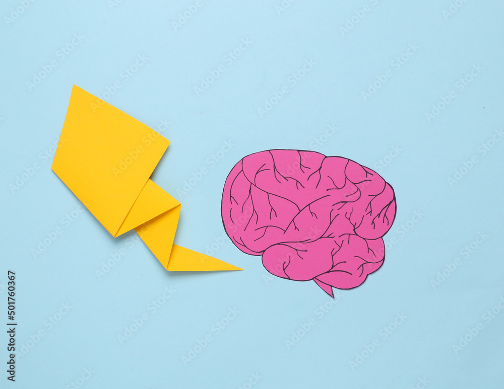 Paper cut human brain with blank dialog cloud on blue background Stock Photo | Adobe Stock