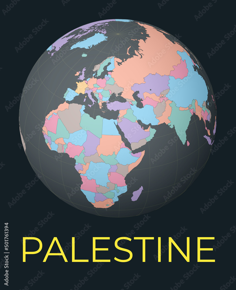 World map centered to Palestine. Red country highlighted. Satellite ...