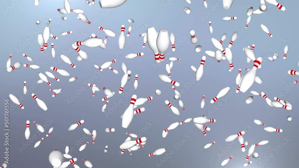 4K Loop Falling bowling pins 3D animation of white bowling pins filling ...
