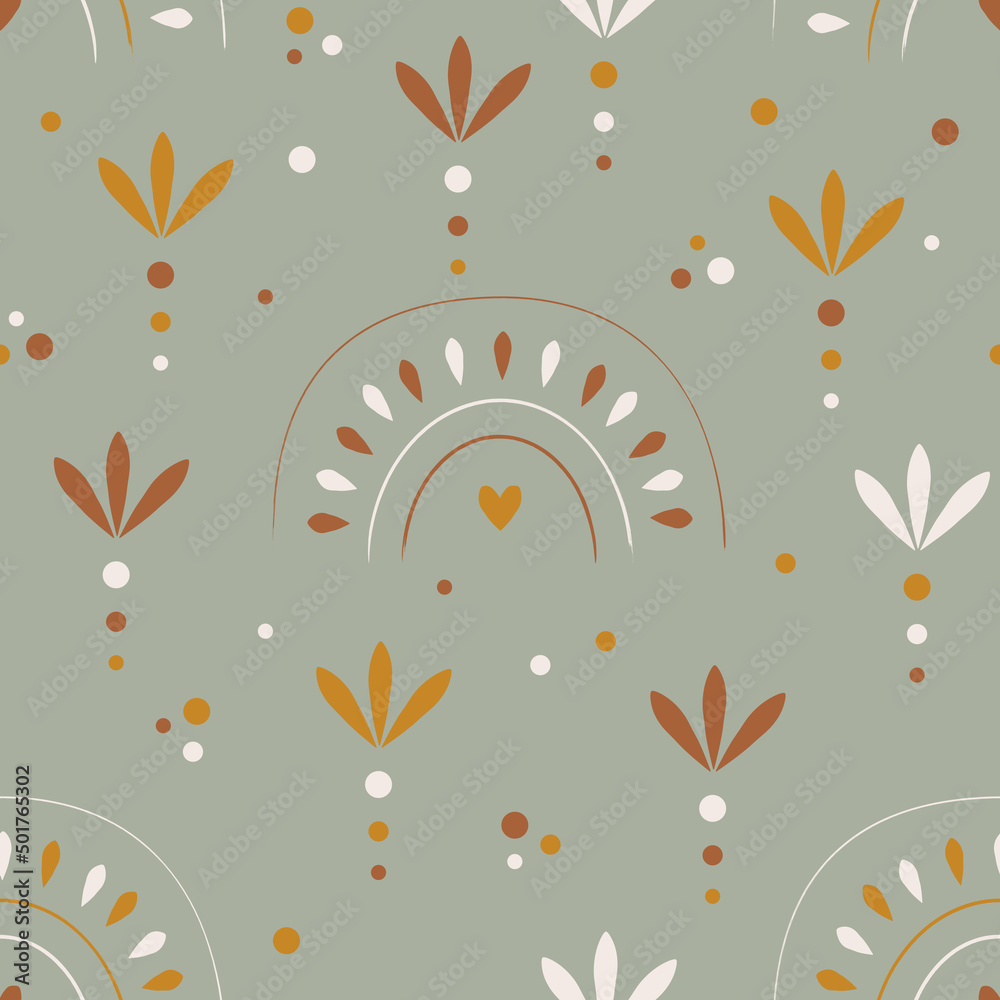 Sage green summer boho seamless pattern with arches. Vector background ...