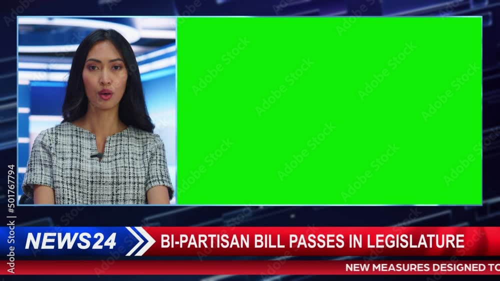 Split Screen TV News Live Report: Anchor Talks, Reporting. Reportage ...