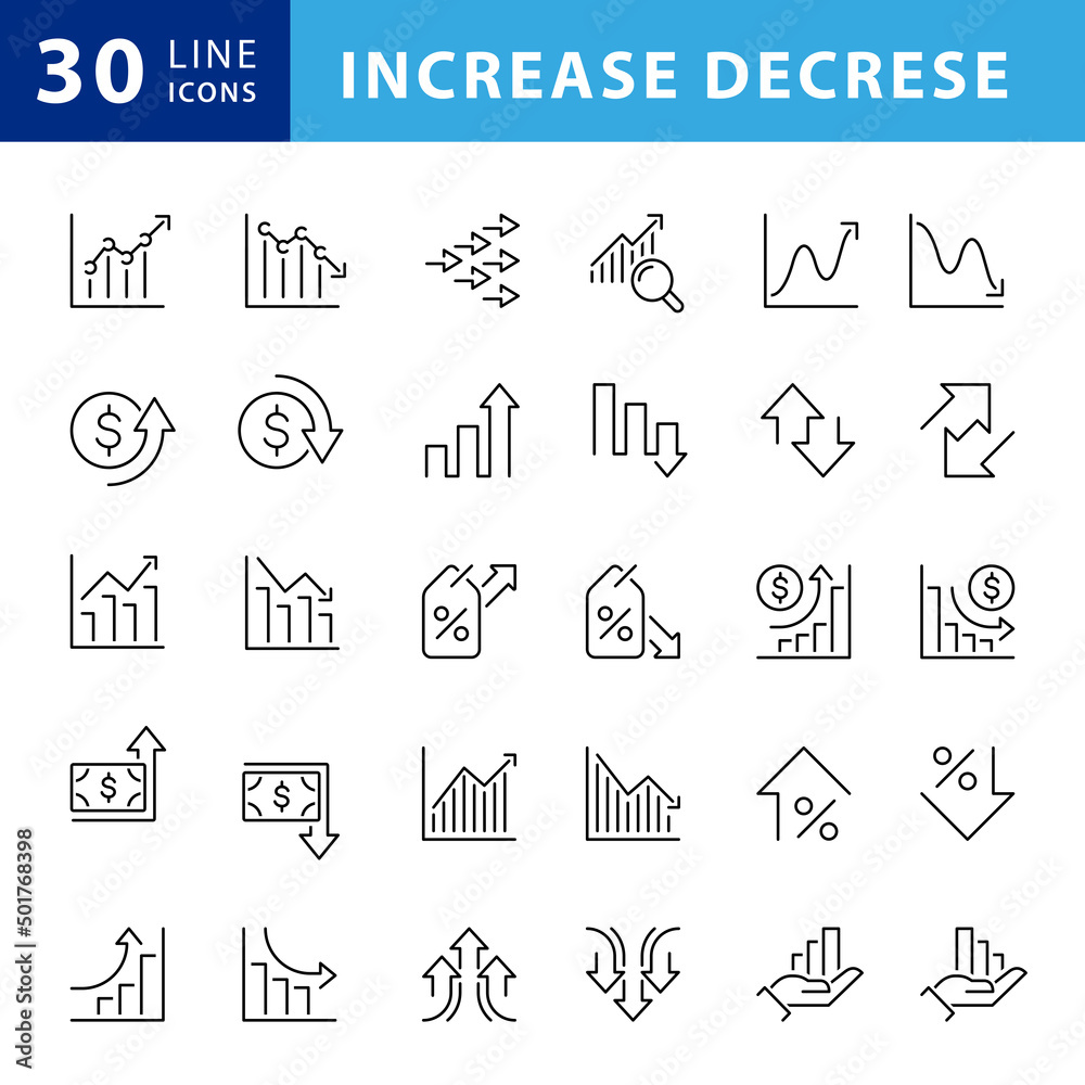Increase and decrease related icons: thin vector icon set, black and ...