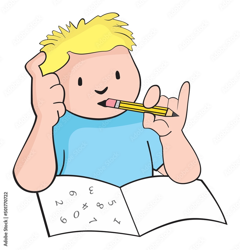 Cartoon boy student resolving mathematical equation thinking deep ...