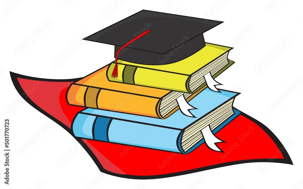 Graduation cap and books cartoon vector illustration on red sheet ...