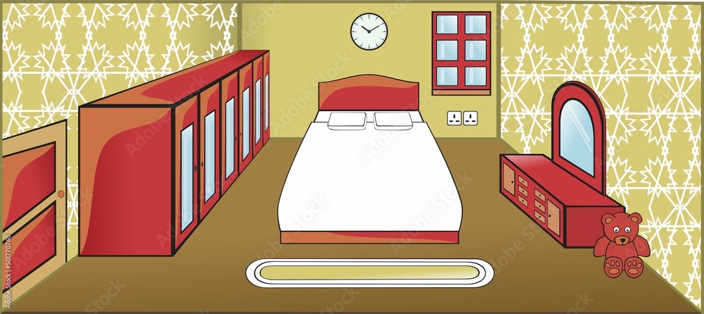 Cartoon cozy bedroom interior design interface with bed head window ...