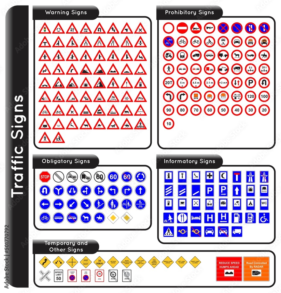 Vector traffic signs collection classified warning prohibitory ...