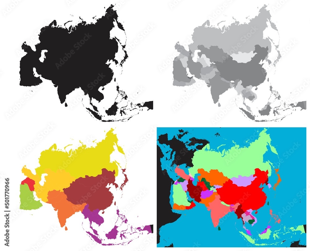 Asia maps set vector drawing illustration collection silhouette ...