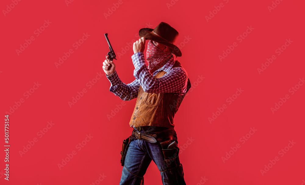 American bandit in mask, western man with hat. Man wearing cowboy hat ...