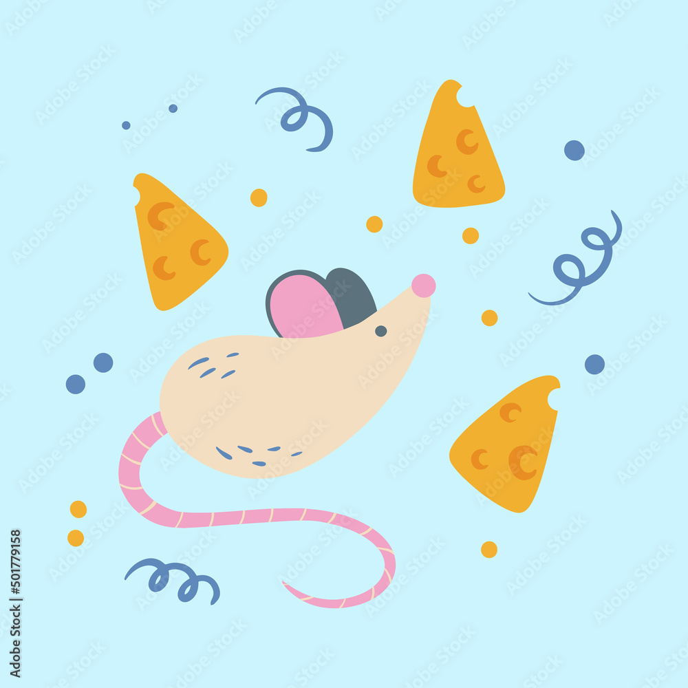 Cute childish illustration with white mouse. Vector hand-drawn ...