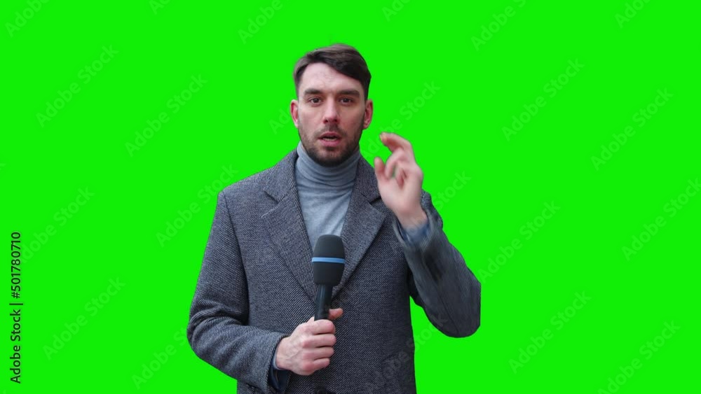 TV Live News Programme: Caucasian Male Presenter Reporting Green Screen ...