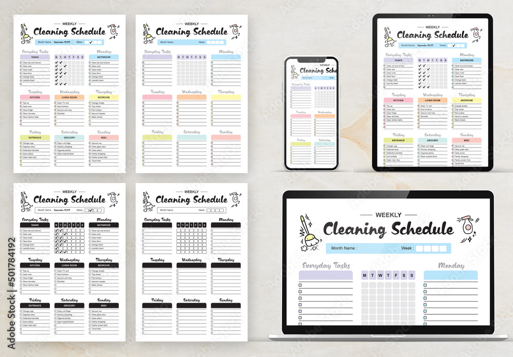 Weekly Cleaning Schedule Planner House Chores Stock Template | Adobe Stock