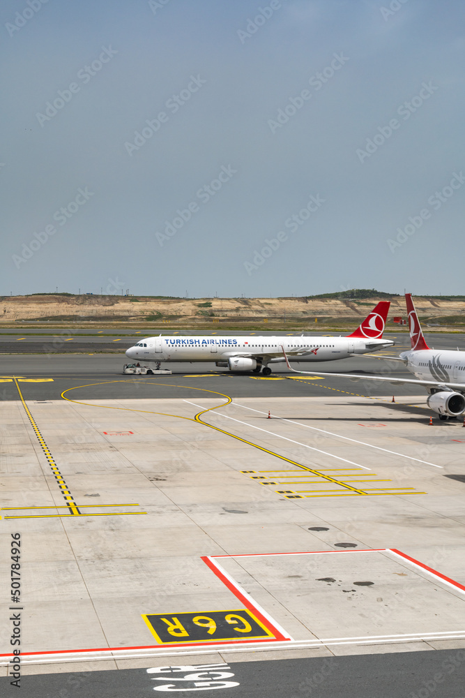 Istanbul, Turkey - April 2022: Turkish Airlines Airbus aircrafts towed ...