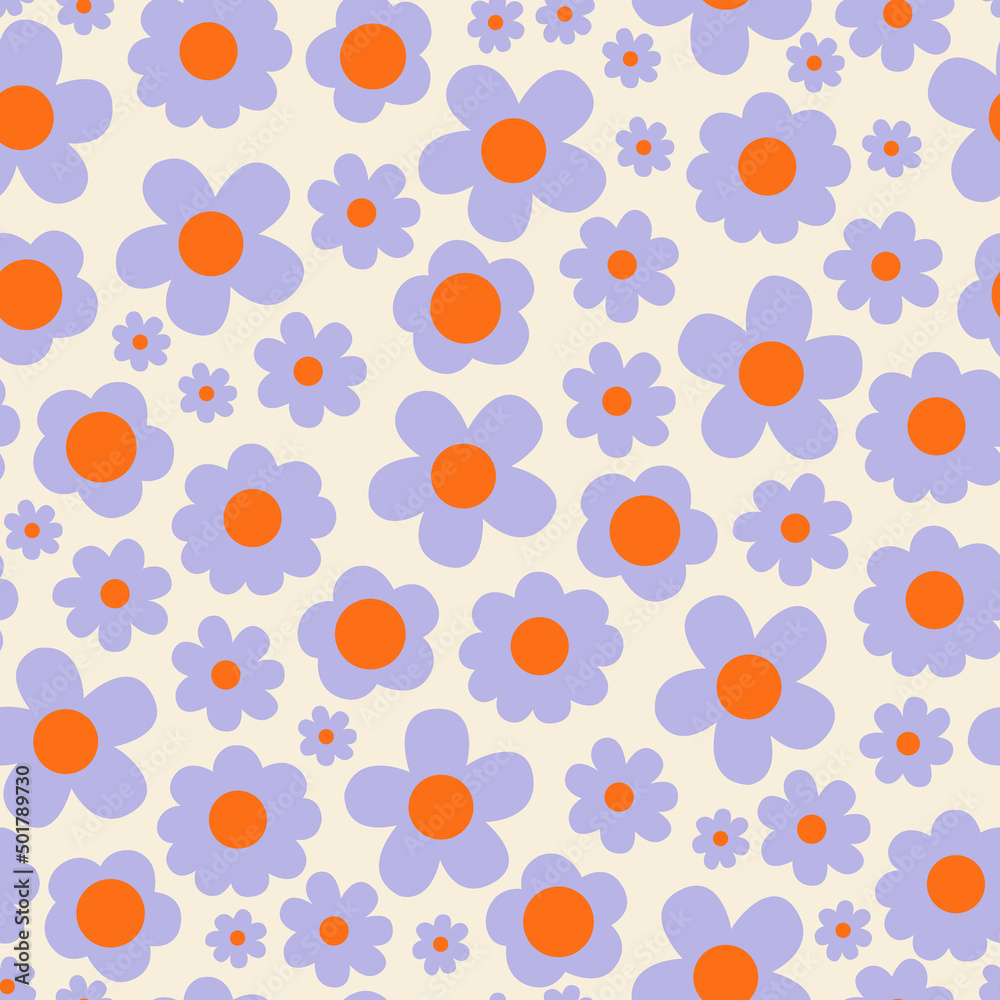 Seamless vector pattern with abstract groovy flowers. 70s, 80s ...
