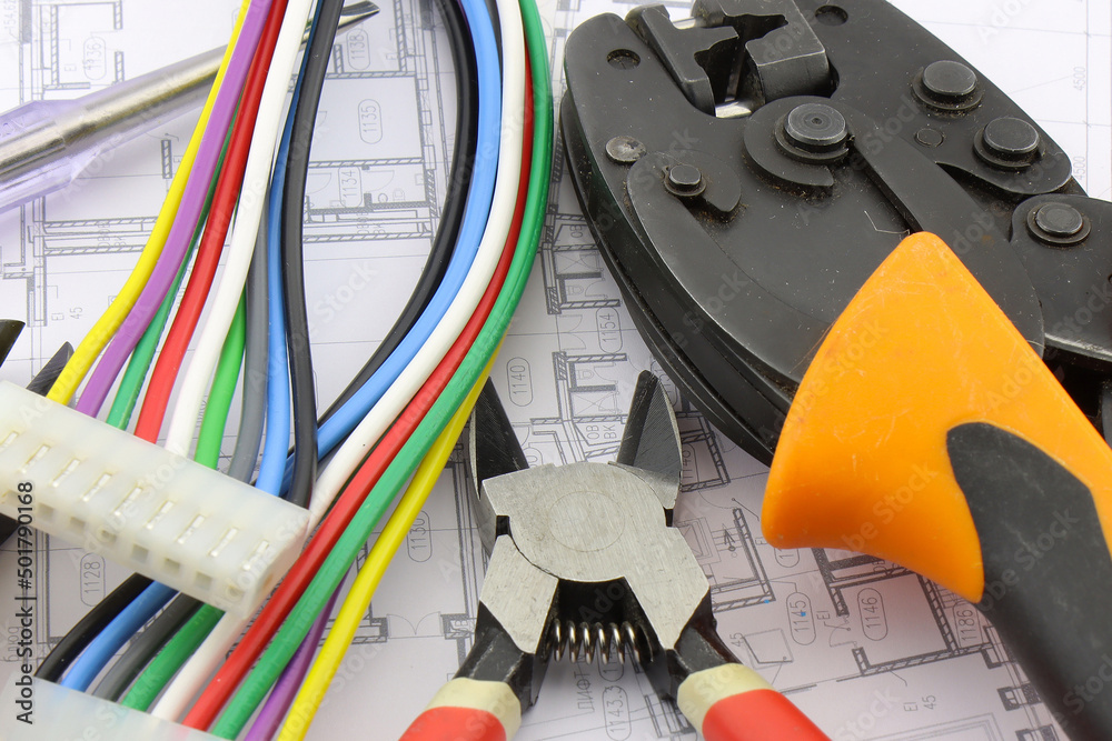 Mounting tools for the installation of an electric panel in close-up ...