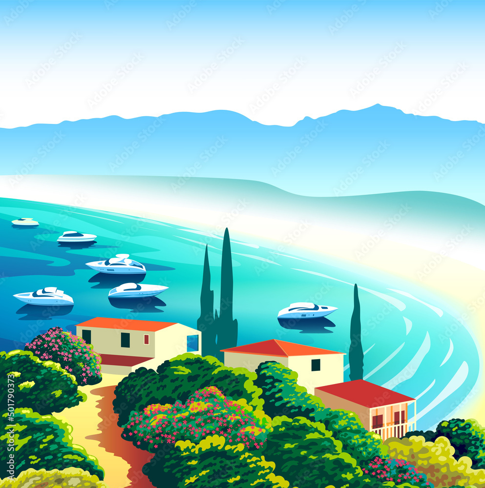 Mediterranean romantic landscape. Handmade drawing vector illustration ...