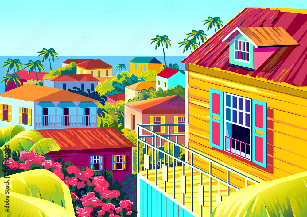 Tropical Island landscape with traditional houses, palm trees, and the ...