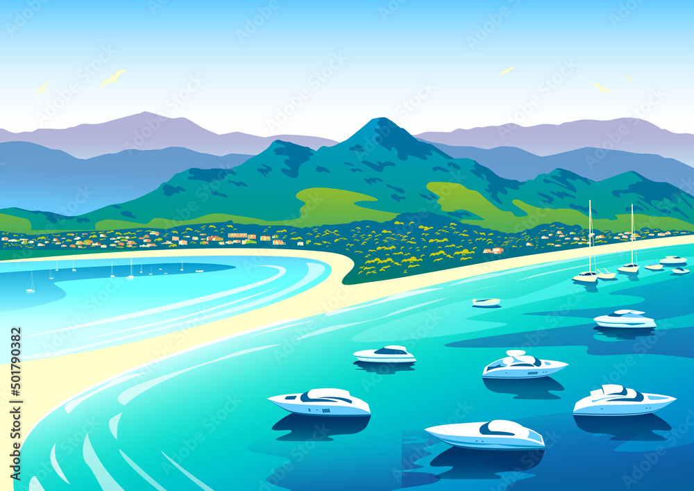 Mediterranean romantic landscape with sea, yachts and mountains in the ...