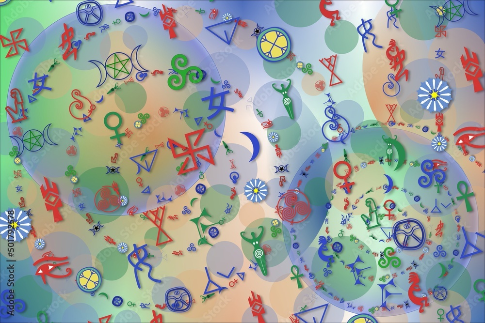 Abstract illustration featuring colorful fertility symbols on a pastel ...