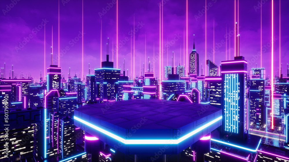 Rooftop view in metaverse city, 3d render Stock Illustration | Adobe Stock