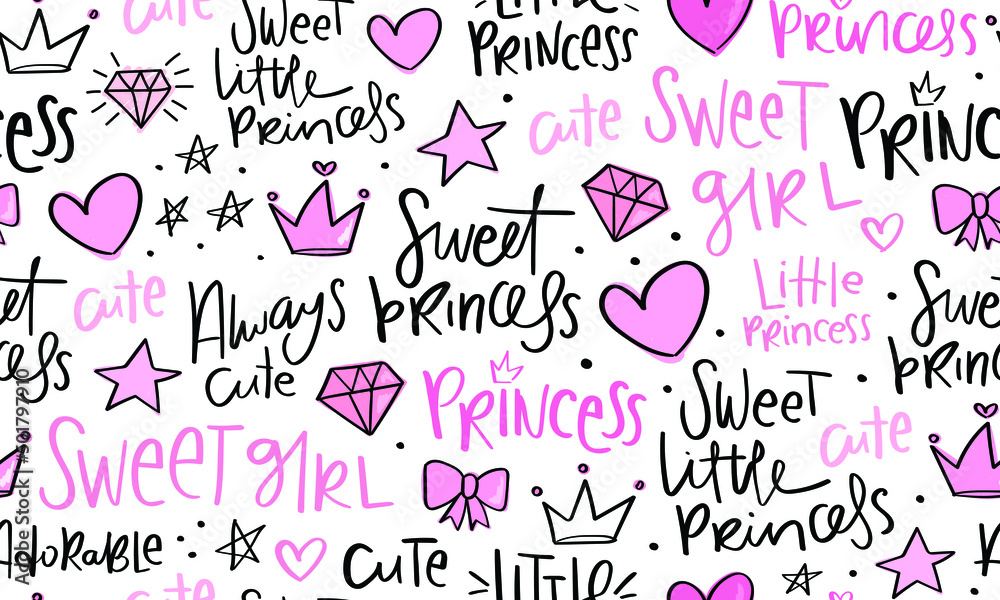 Princess slogan text and pink cute crown drawing. Seamless pattern ...